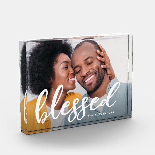 Blessed Script with Name Photo Block | Zazzle