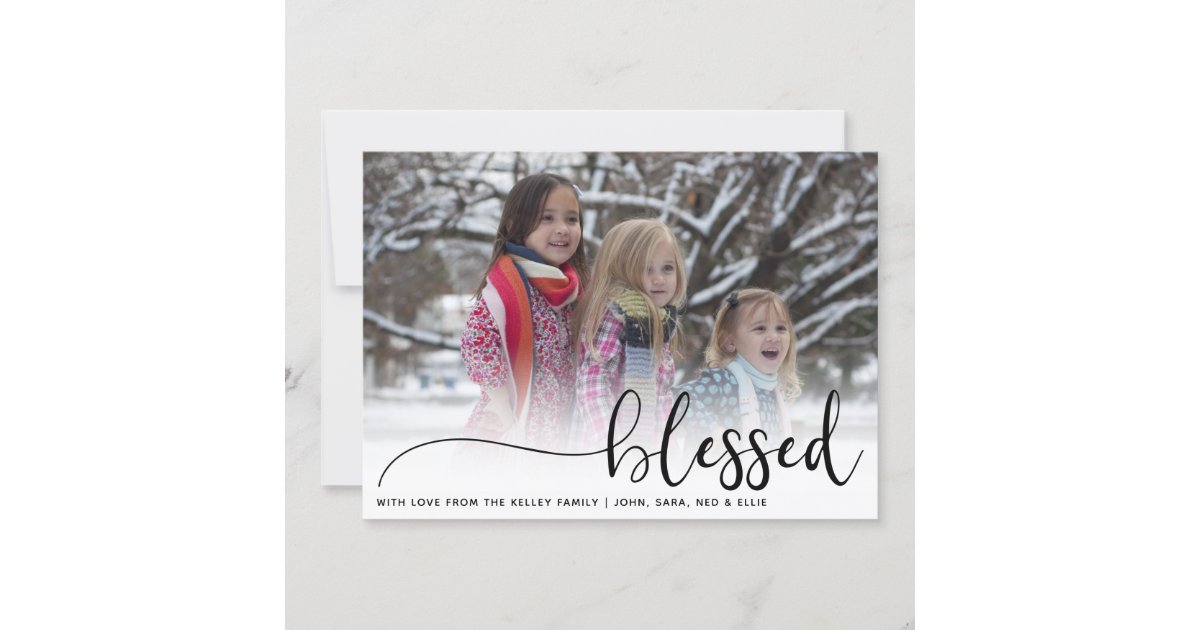 Blessed, Silver Glitter Large Photo Holiday Card | Zazzle