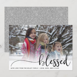 Blessed, Silver Glitter Large Photo Holiday Card | Zazzle