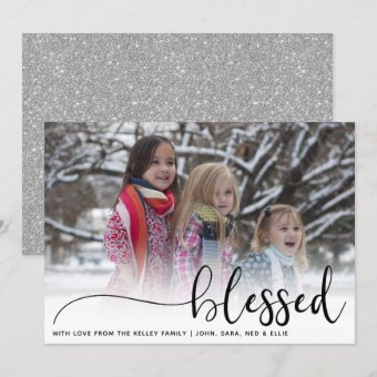 Blessed, Silver Glitter Large Photo Holiday Card | Zazzle