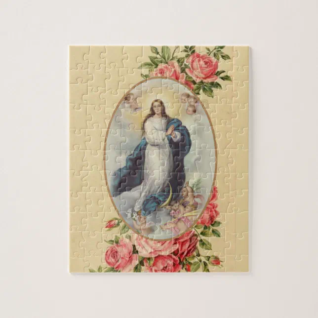 Blessed Virgin Mary Assumption Angels Pink Roses Jigsaw Puzzle | Zazzle