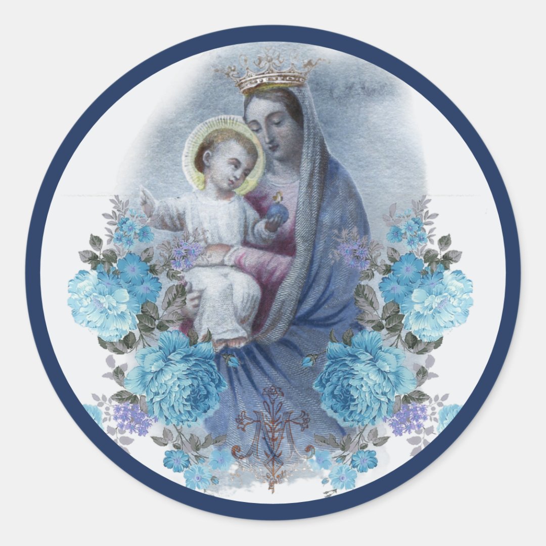 Blessed Virgin Mary Jesus Catholic Blue Floral Classic Round Sticker ...