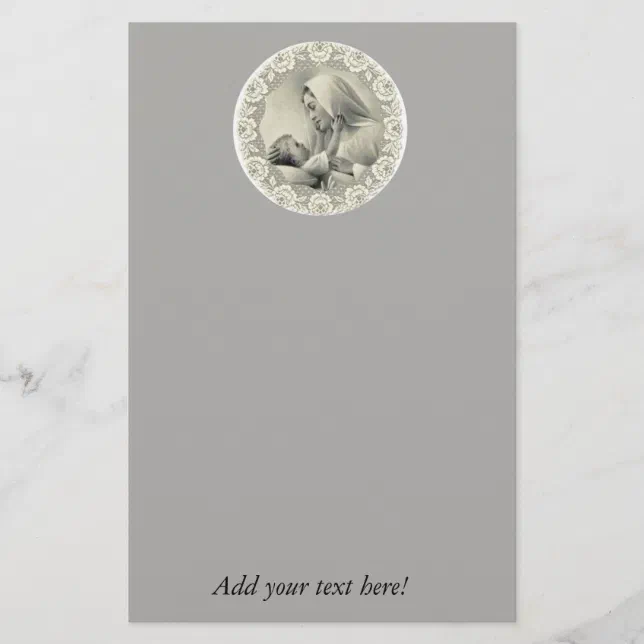 Blessed Virgin Mary with Baby Jesus Lace Border Stationery | Zazzle