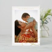 Blessings Elegant Script Calligraphy Family Photo Foil Holiday Card ...