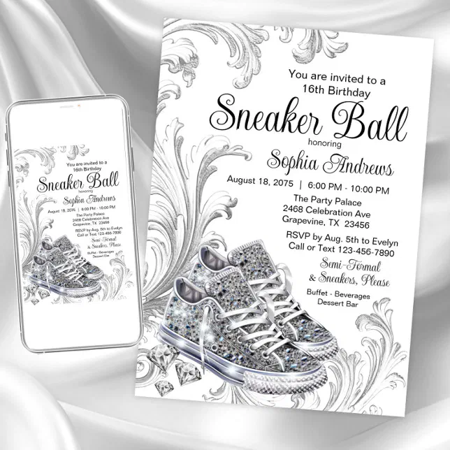 Bling Diamond Sneaker Ball Birthday Party Invitation | Zazzle