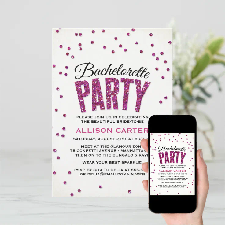 Bling Hot Pink Glitter Gems Bachelorette Party Invitation | Zazzle