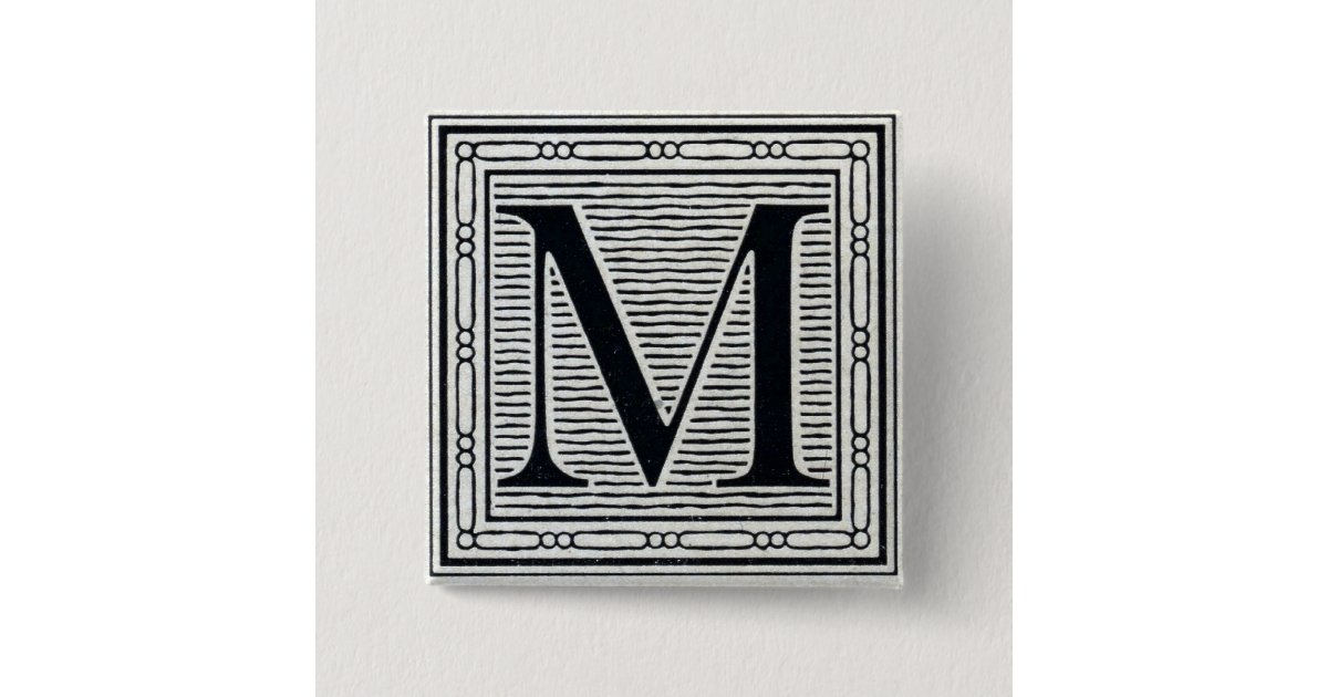 Block Letter "M" Woodcut Woodblock Inital Button | Zazzle