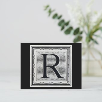Block Letter "R" Woodcut Woodblock Inital Postcard | Zazzle
