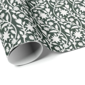 Block print inspired green floral wrapping paper | Zazzle