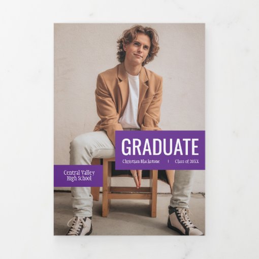 Blocks of Purple Four-Photo Graduation Tri-Fold Invitation | Zazzle