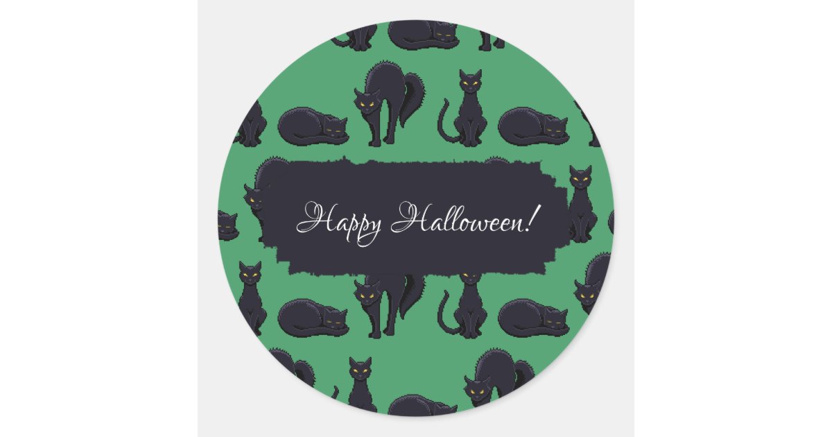 Blocky Black Cats Halloween Pixel Art Pattern Classic Round Sticker ...