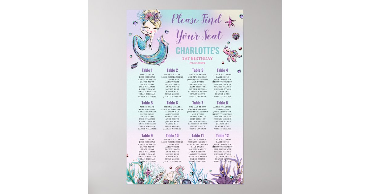 Blond Mermaid Under the Sea Birthday Seating Chart | Zazzle