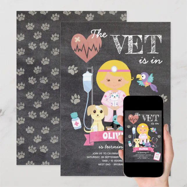 Blonde Brown Eyes Chalkboard Vet Birthday Party Invitation | Zazzle