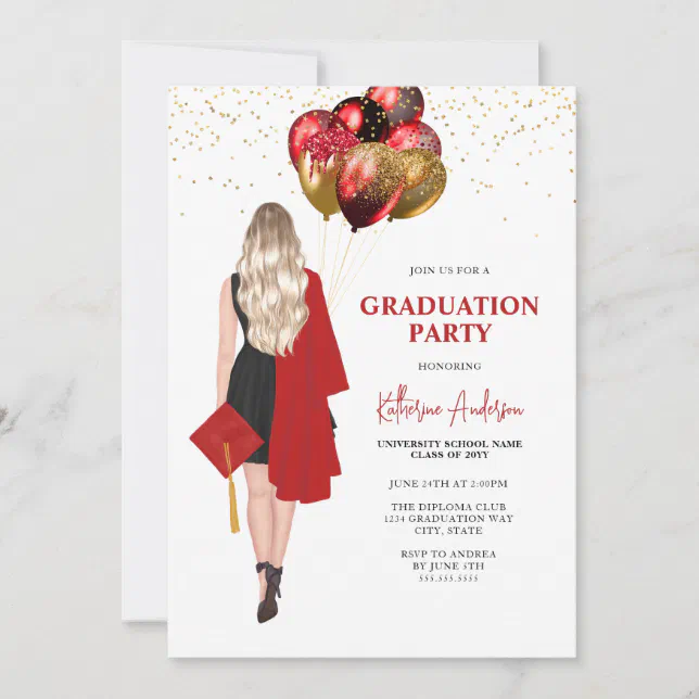 Blonde Female Red Graduation Party Invitation | Zazzle