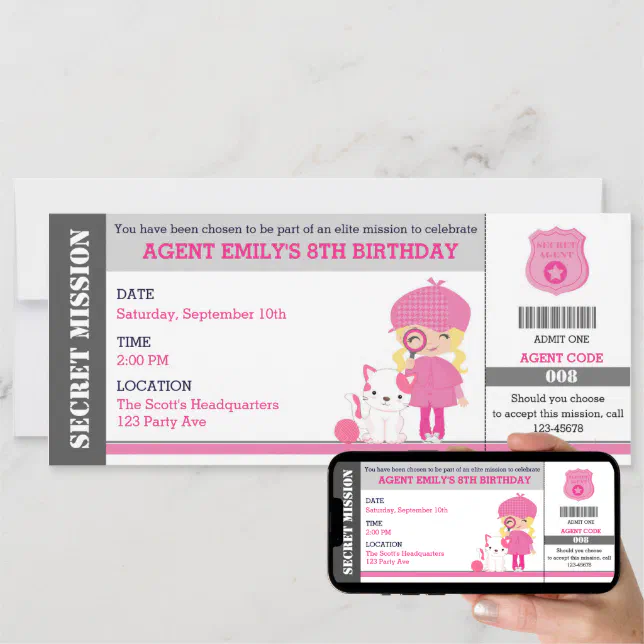 Blonde Girl Spy / Detective Ticket Birthday Invitation | Zazzle