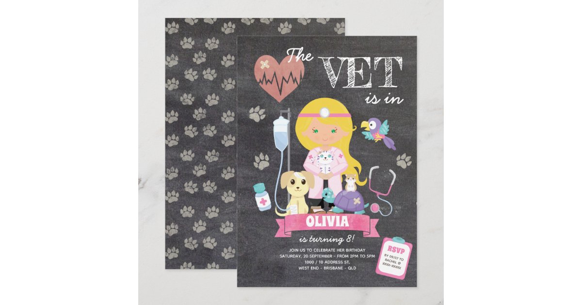 Blonde Green Eyed Chalkboard Vet Birthday Party Invitation | Zazzle