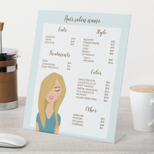 Blonde Hair Woman Drawing Custom Hair Salon Menu Pedestal Sign | Zazzle