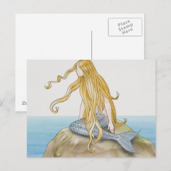Blonde mermaid sitting on sea rock, side view. postcard | Zazzle