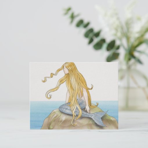 Blonde mermaid sitting on sea rock, side view. postcard | Zazzle