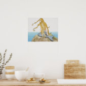 Blonde mermaid sitting on sea rock, side view. poster | Zazzle