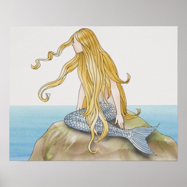 Blonde mermaid sitting on sea rock, side view. poster | Zazzle