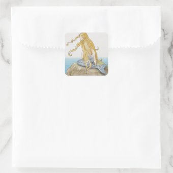 Blonde mermaid sitting on sea rock, side view. square sticker | Zazzle