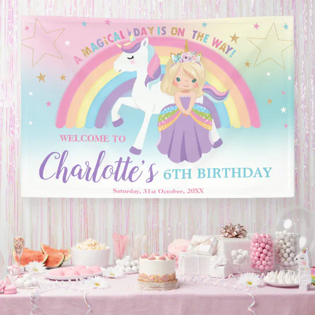 Blonde Princess Unicorn Birthday Rainbow Welcome Banner | Zazzle