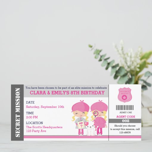 Blonde Twins Girl Spy / Detective Ticket Birthday Invitation | Zazzle