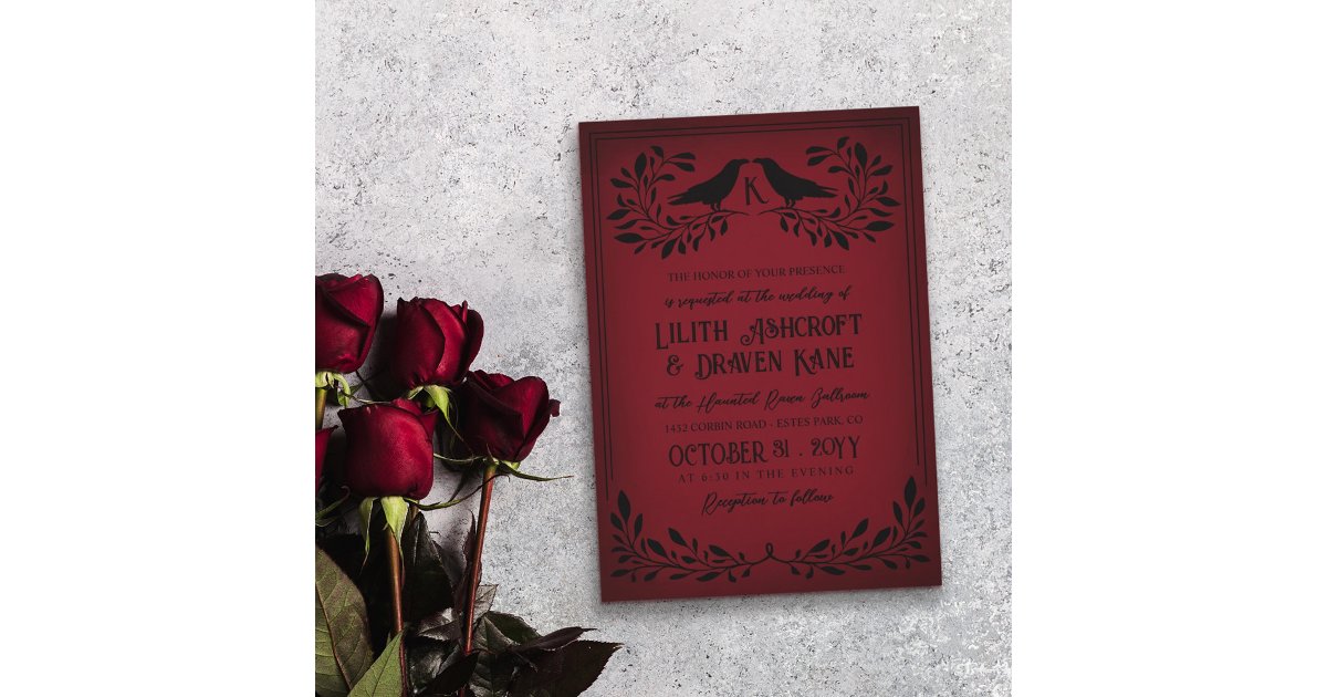 Blood Red Black Raven Monogram Goth Wedding Invitation | Zazzle