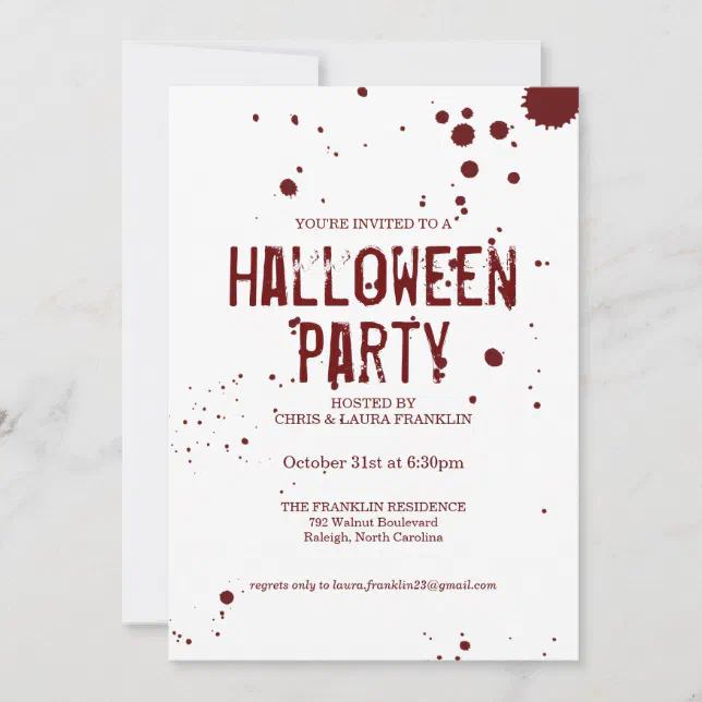 Blood Splatter Creepy Halloween Party Invitation | Zazzle