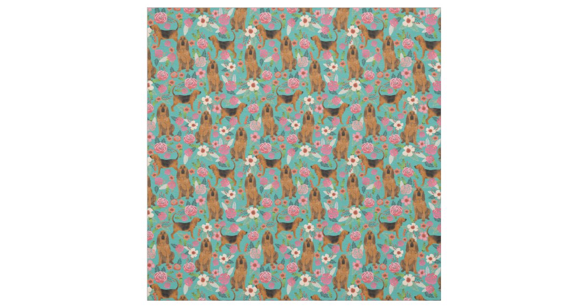 bloodhound dog vintage florals turquoise fabric | Zazzle