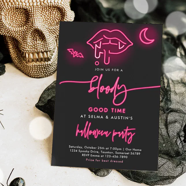 Bloody Good Time Neon Halloween Vampire Party Invitation | Zazzle