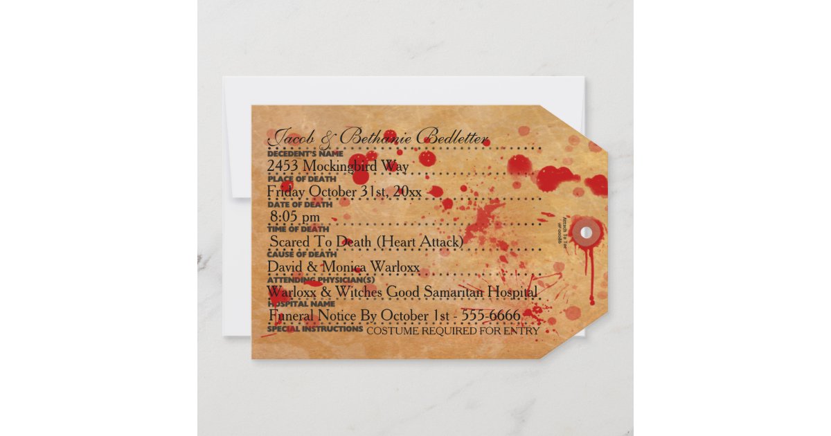 Bloody Halloween Toe Tag Invitation | Zazzle