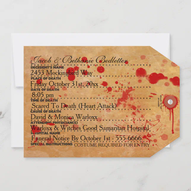 Bloody Halloween Toe Tag Invitation | Zazzle
