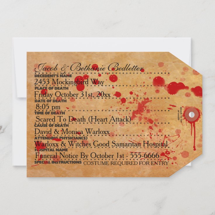 Bloody Halloween Toe Tag Invitation | Zazzle