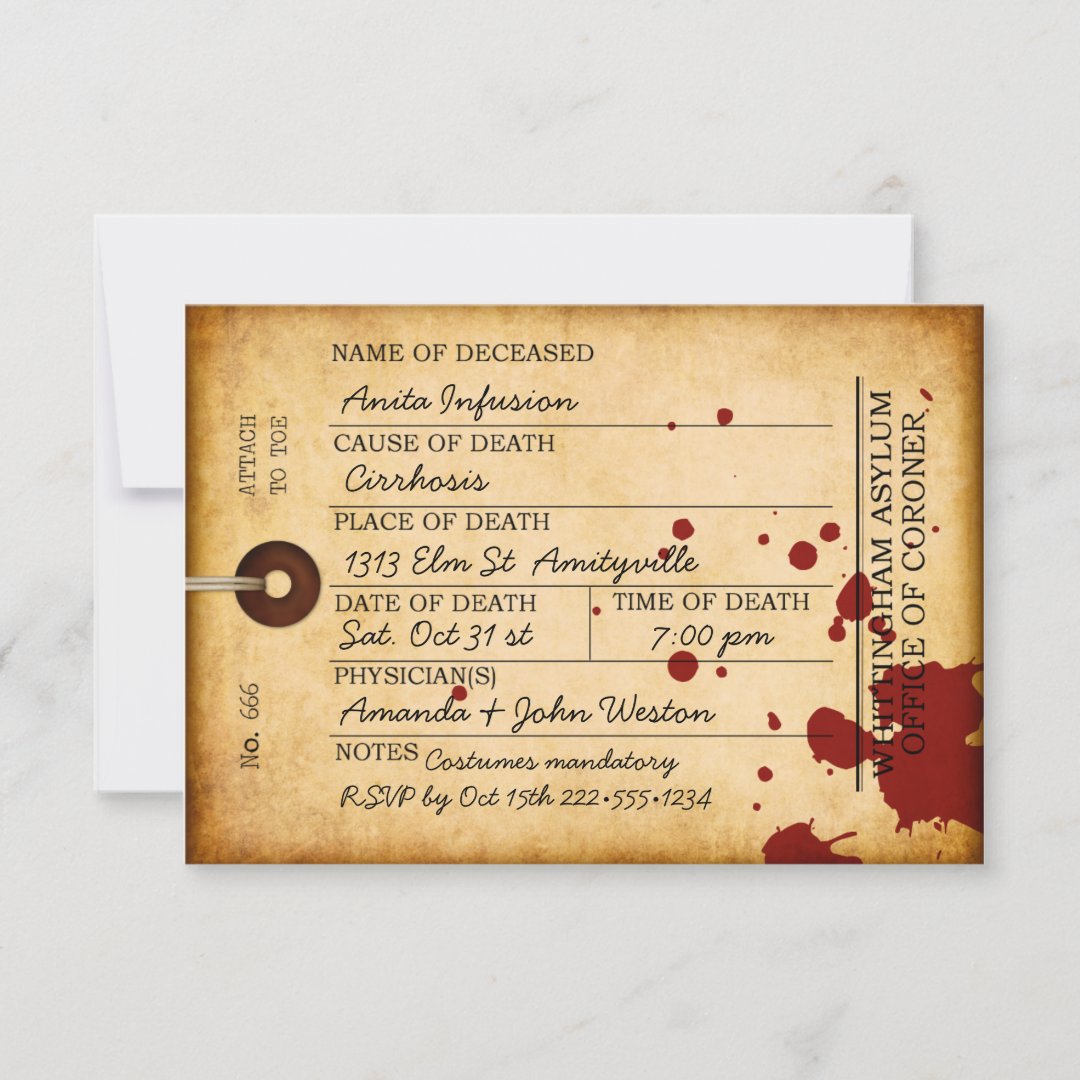 Bloody Toe Tag Halloween Antique Grunge Asylum Invitation | Zazzle