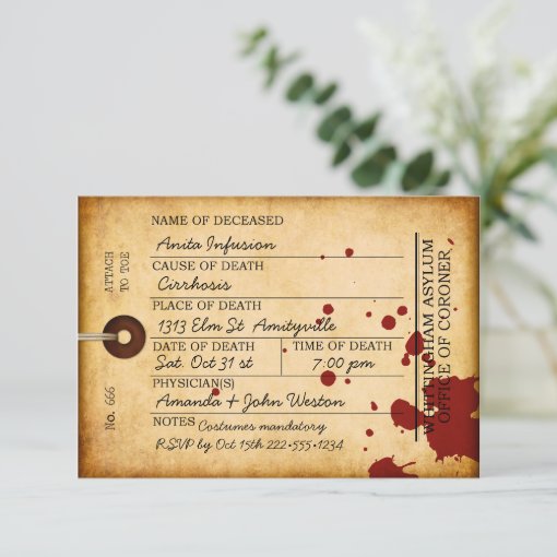 Bloody Toe Tag Halloween Antique Grunge Asylum Invitation | Zazzle