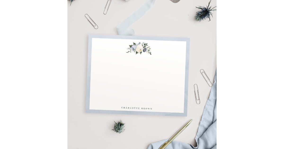Blooming botanical blue personalized stationery note card | Zazzle