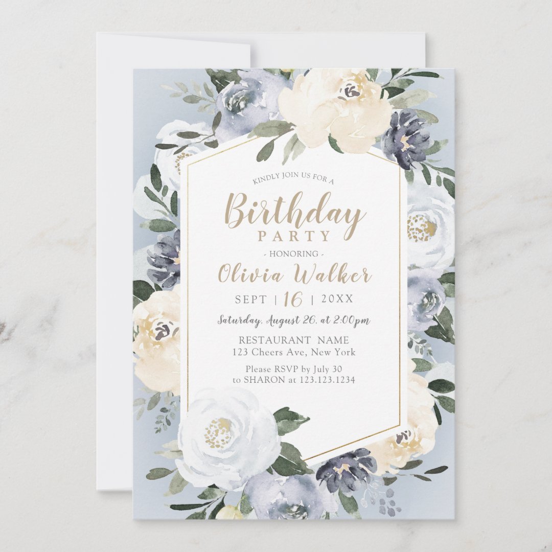 Blooming botanical dusty blue birthday Party Invitation | Zazzle