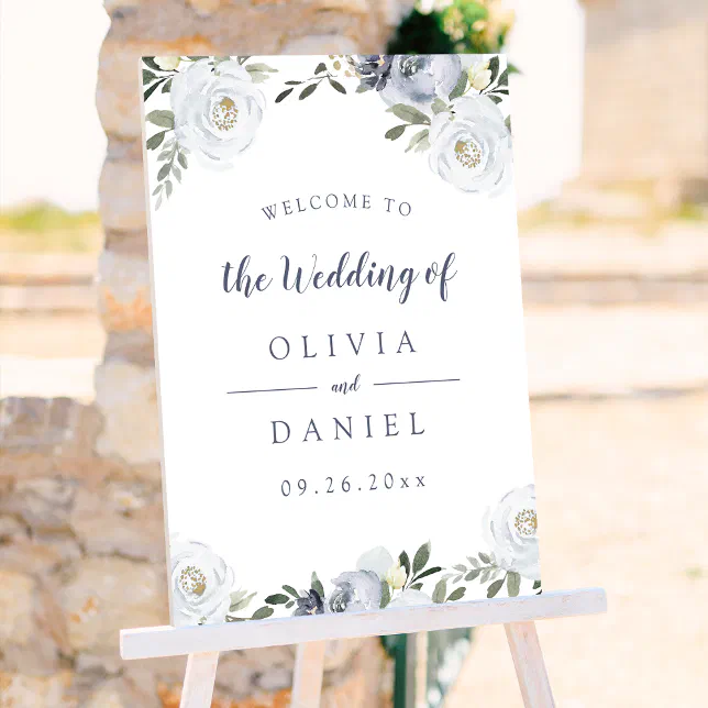 Blooming botanical dusty blue floral wedding sign | Zazzle