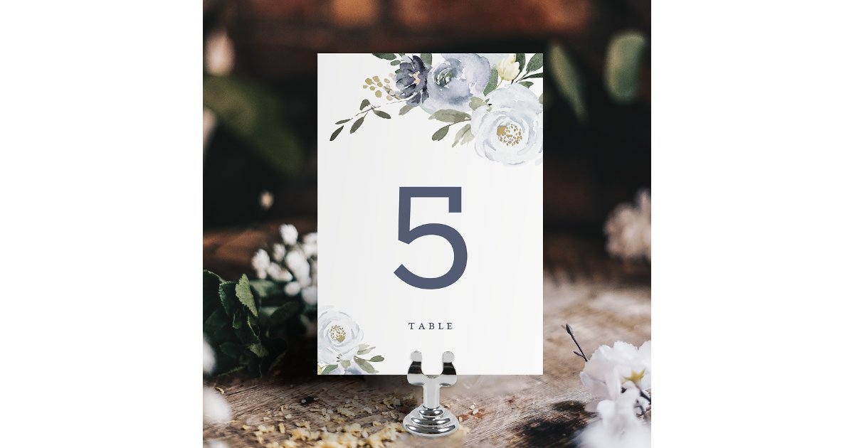 Blooming botanical dusty blue floral wedding table number | Zazzle