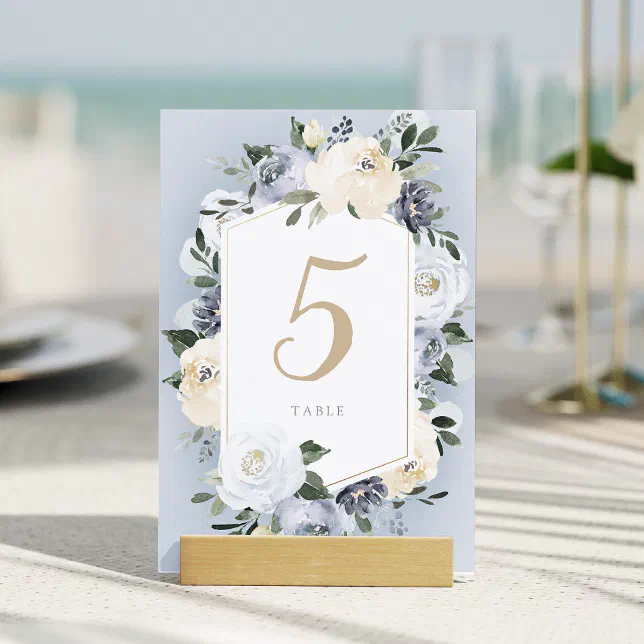 Blooming botanical dusty blue floral wedding table number | Zazzle
