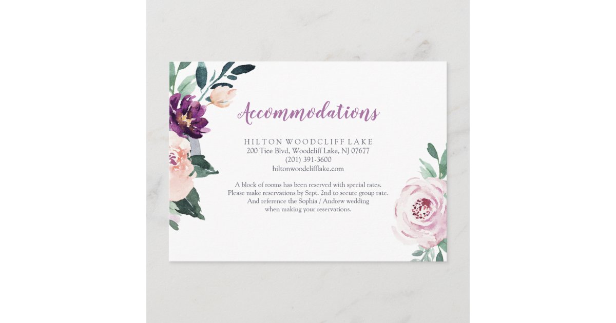 Blooming botanical purple floral accommodation enclosure card | Zazzle