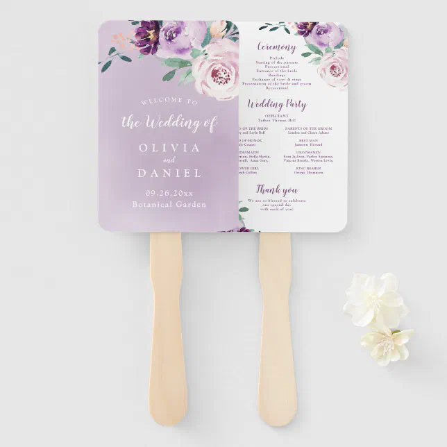 Blooming botanical purple floral wedding program hand fan | Zazzle