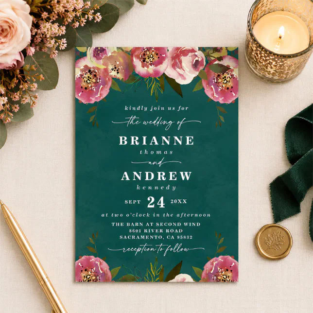Blooming Chic Deep Teal Green Floral Wedding Invitation | Zazzle