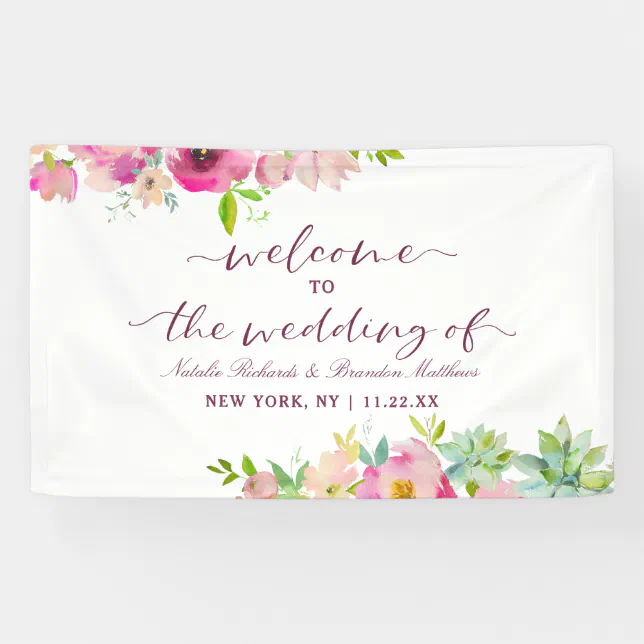 Blooming Chic Mint & Blush Floral Wedding Welcome Banner | Zazzle