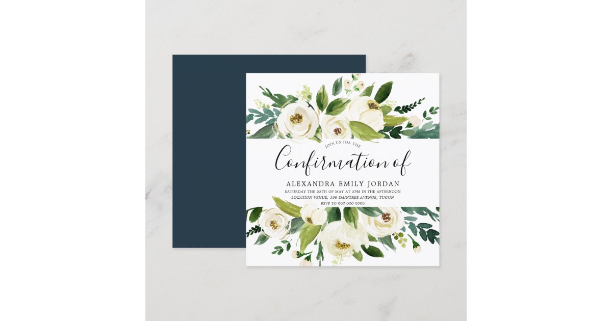Blooming White Flowers Green Leaf Confirmation Invitation | Zazzle