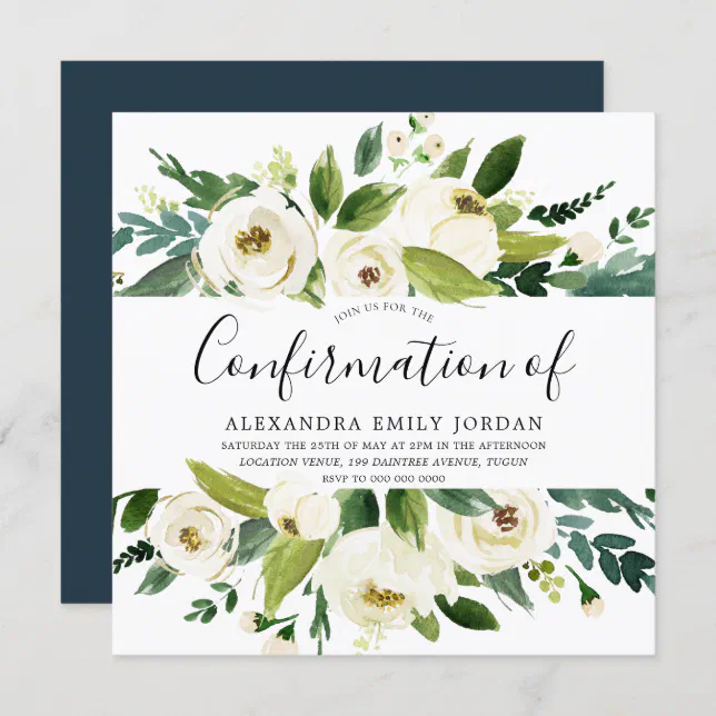 Blooming White Flowers Green Leaf Confirmation Invitation | Zazzle