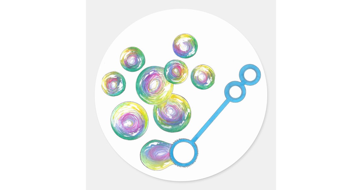 Blowing Rainbow Soap Bubbles Bubble Wand Blue Classic Round Sticker ...