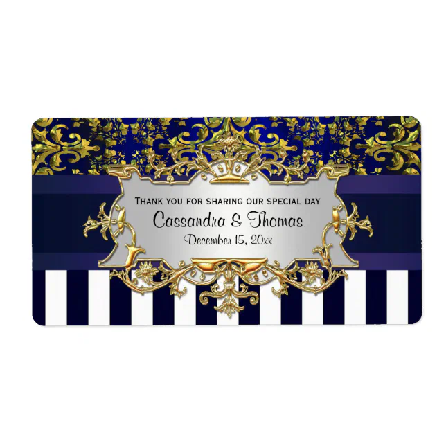 Blu Wht Stripe, Blu Gld Damask H Wine Bottle Label | Zazzle